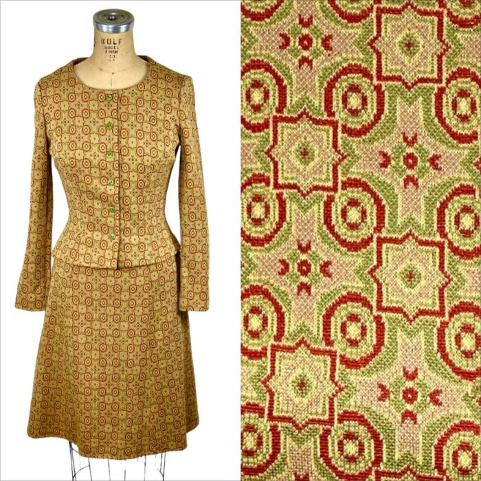 1960s knit suit by The Villager gold green red | Fashion Conservatory