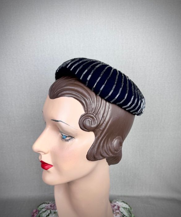 Vintage 1950s Navy Blue Close Hat with Clear Beading | Fashion Conservatory