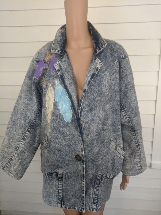 80s Denim Jacket Jean Embellished Feathers Thunderbird Western Boxy ...