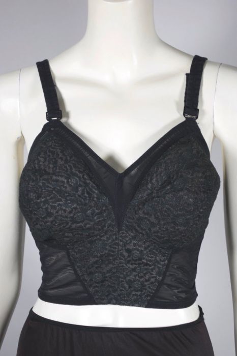 Lacy black long-line bra 1950s Maidenform size 38D | Fashion Conservatory