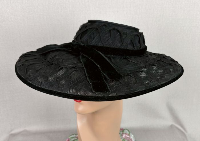 Vintage 40s Black Sheer Open Crown Wide Brim Hat | Fashion Conservatory