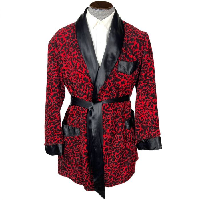 Vintage 1950s Leopard Print Smoking Jacket Red Cotton Corduroy Lounging ...