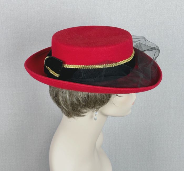 Red Western Style Curled Brim Hat with Black Velvet and Gold Trim ...