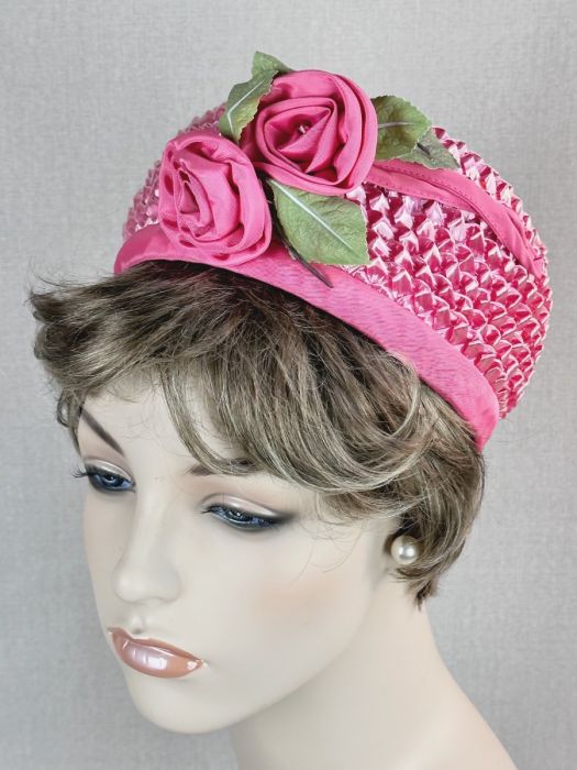 Vintage 60s Hot Pink Straw Pillbox Hat with Matching Rose | Fashion Conservatory
