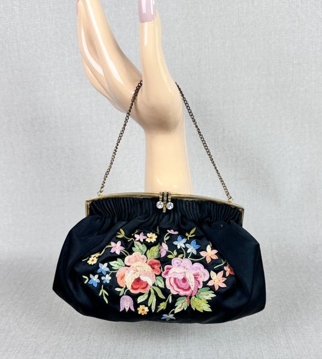 Vintage Embroidered Black Satin Evening Purse | Fashion Conservatory