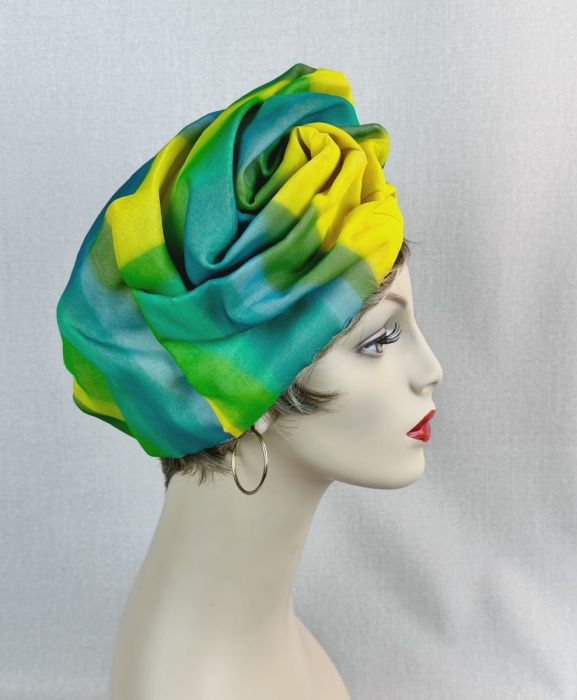 Vintage 70s Neon Blue, Green, Yellow Scrunched Turban Hat | Fashion ...