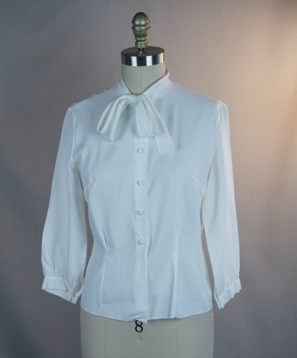 60s White Button Front Neck Bow Blouse by Pilot, Sz M | Fashion ...