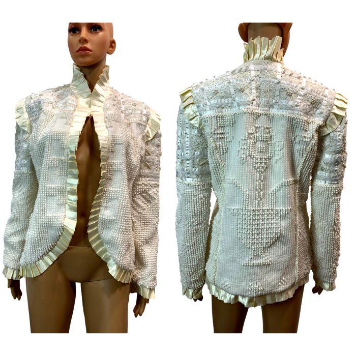 80s Ivory Chenille Romantic Jacket w Pearls and Lace | Fashion Conservatory